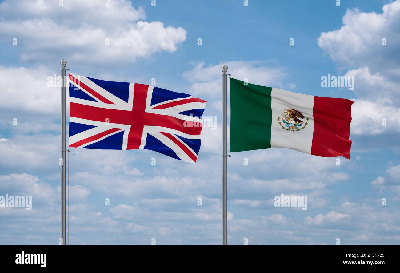 Mexico and Brazil flags waving together on blue cloudy sky, two country relationship concept ...