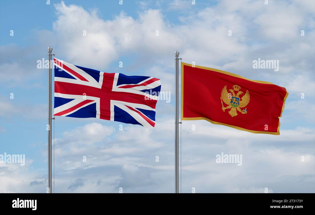 Montenegro and Brazil flags waving together in the wind on blue cloudy ...