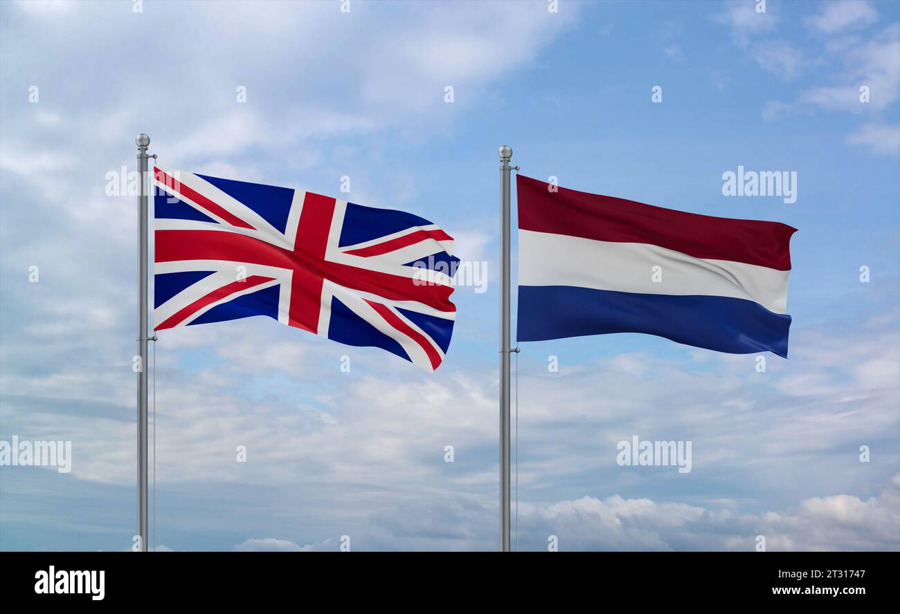 Netherlands and Brazil flags waving together on blue cloudy sky, two ...