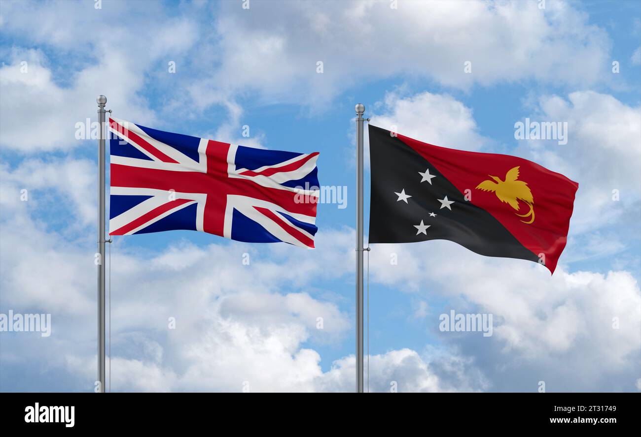 Papua New Guinea and Brazil flags waving together on blue cloudy sky ...