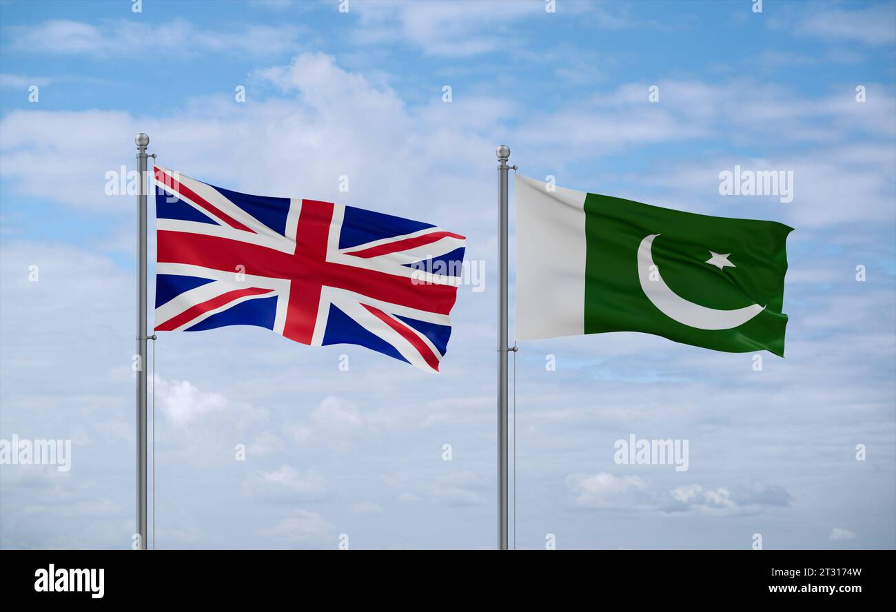 Pakistan and Brazil flags waving together on blue cloudy sky, two ...