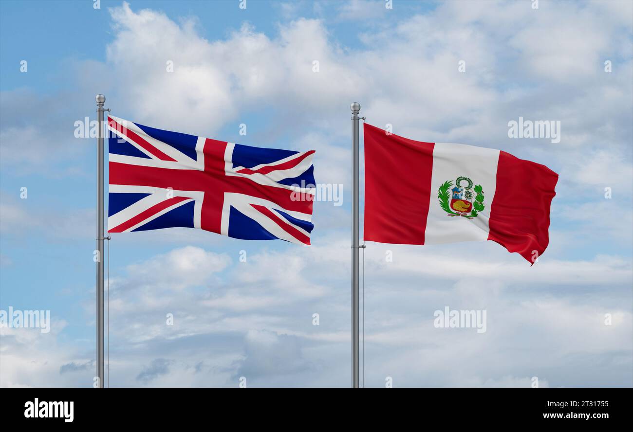 Peru and Brazil flags waving together in the wind on blue cloudy sky ...