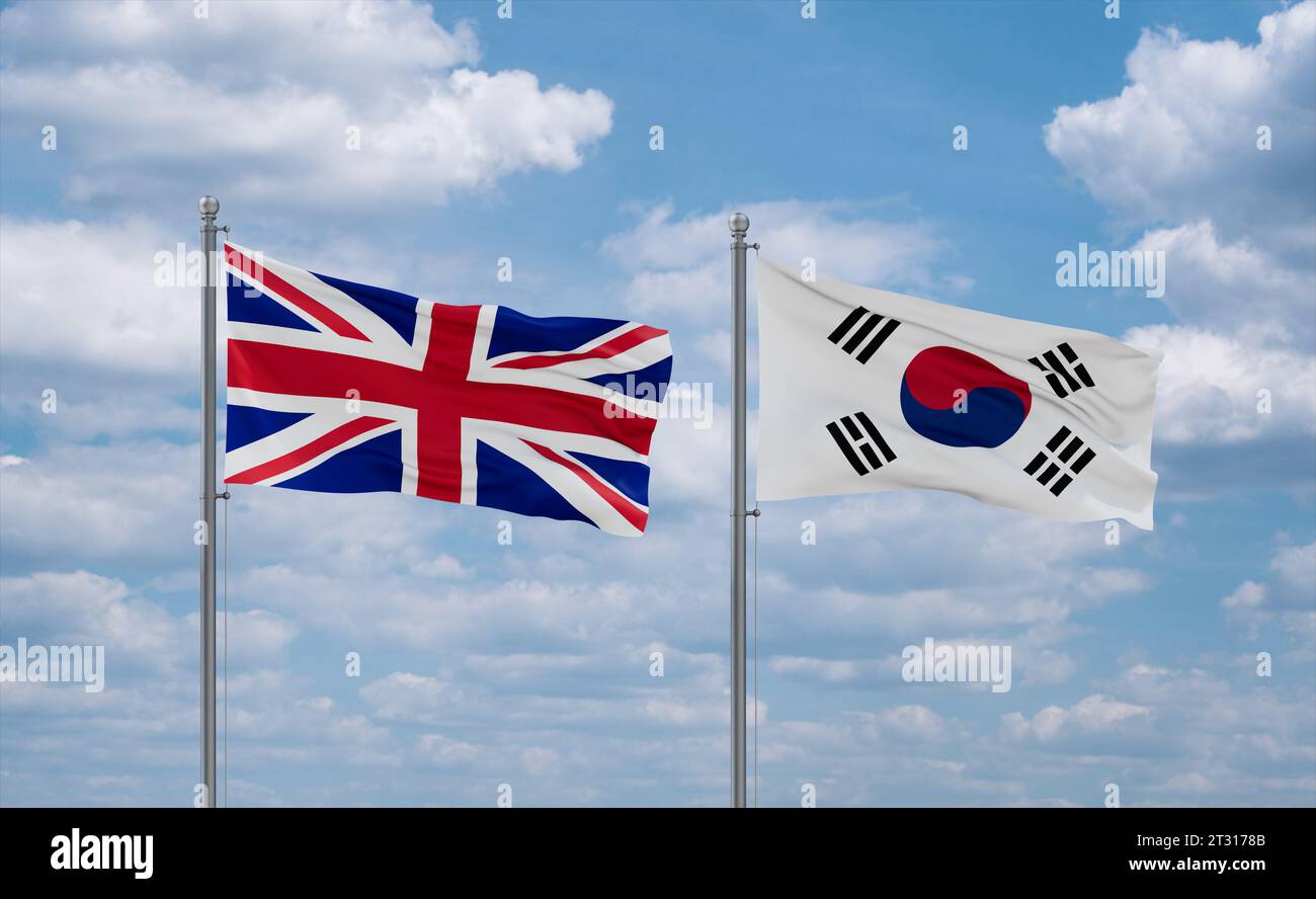 South Korea or Republic of Korea or ROK and Brazil flags waving ...