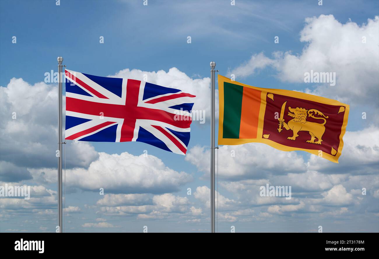 Sri Lanka and Brazil flags waving together in the wind on blue cloudy sky, two country ...