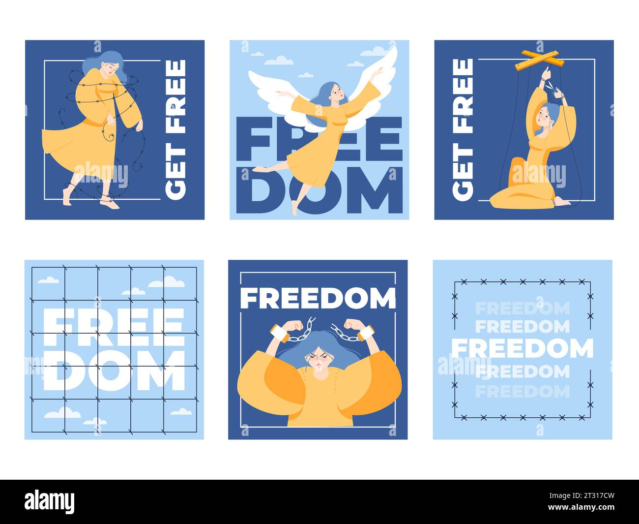 Cartoon style freedom inscriptions cards. Motivational typography ...