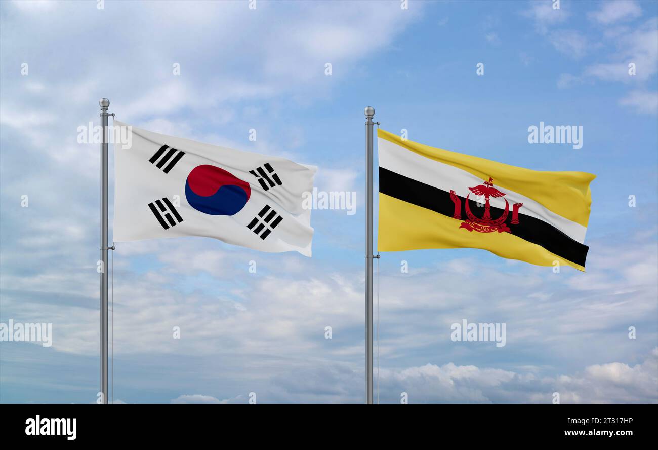 Brunei and Brazil flags waving together on blue cloudy sky, two country relationship concept ...