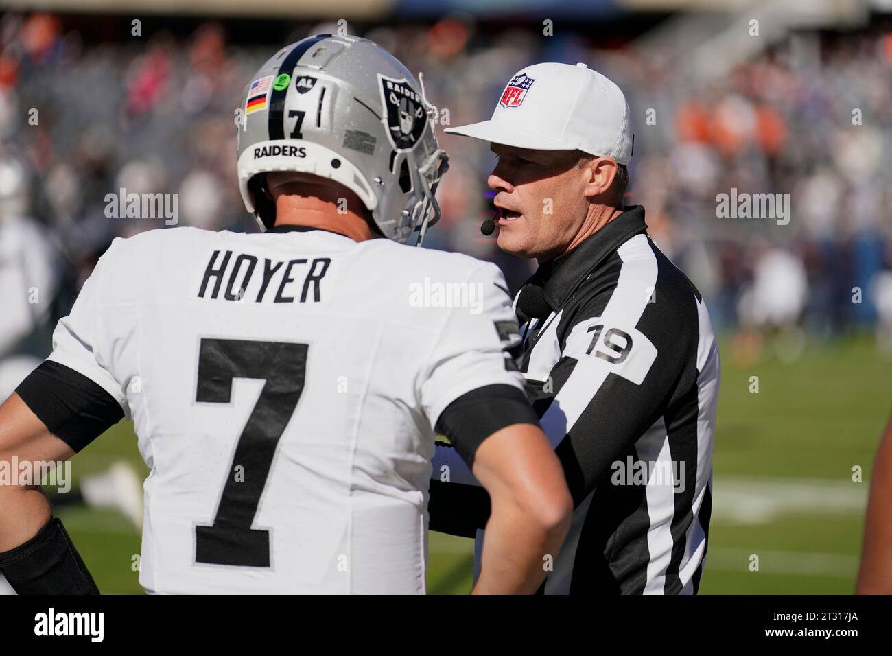 Las Vegas Raiders quarterback Brian Hoyer (7) talks with referee Clay ...