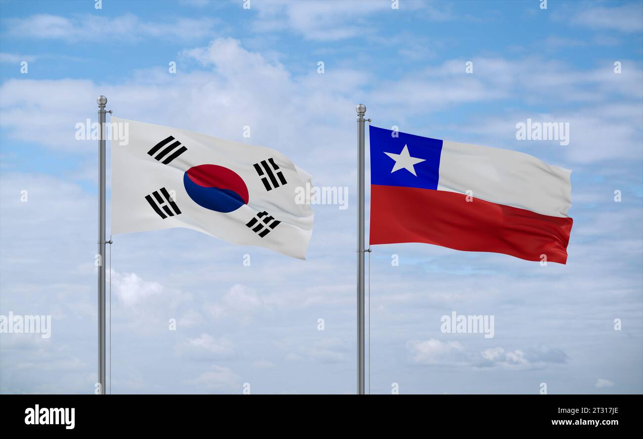 Chile and Brazil flags waving together on blue cloudy sky, two country ...