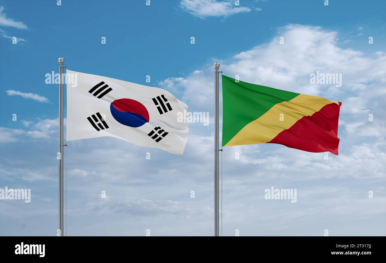 Republic of the Congo or Congo-Brazzaville and Brazil flags waving ...