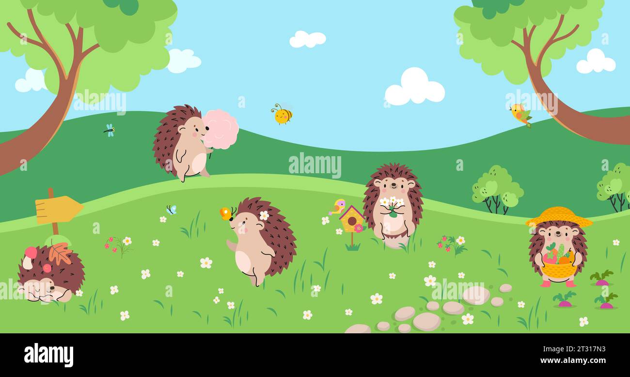 Cartoon hedgehogs on forest meadow. Cute hedgehog eat, gardening, sleep and hold chamomile ...