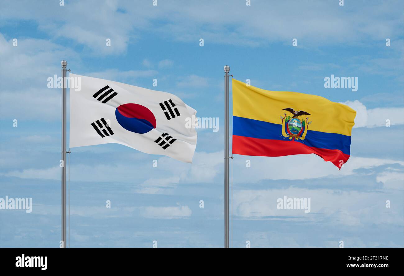 Ecuador and Brazil flags waving together on blue cloudy sky, two ...