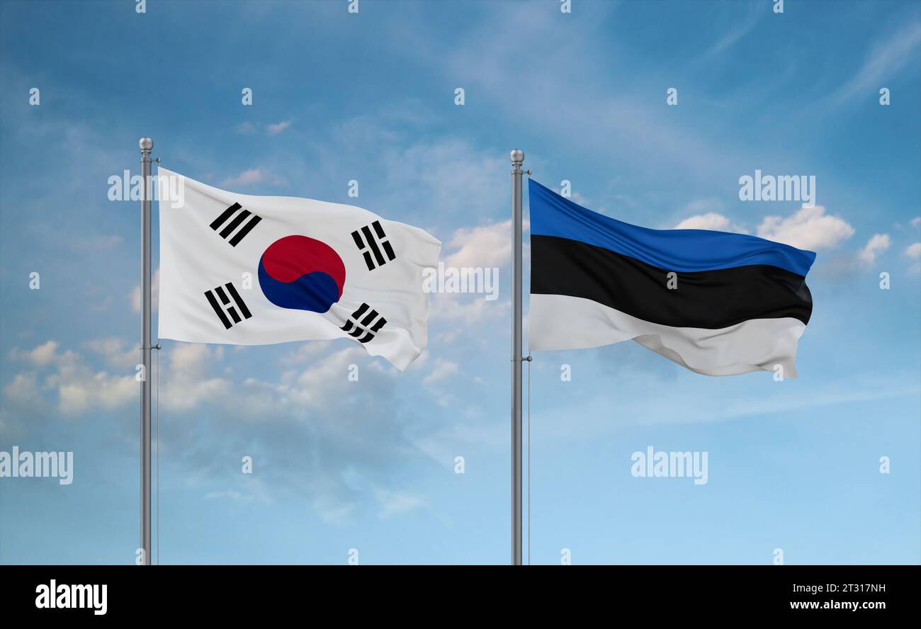 Estonia and Brazil flags waving together on blue cloudy sky, two country relationship concept ...