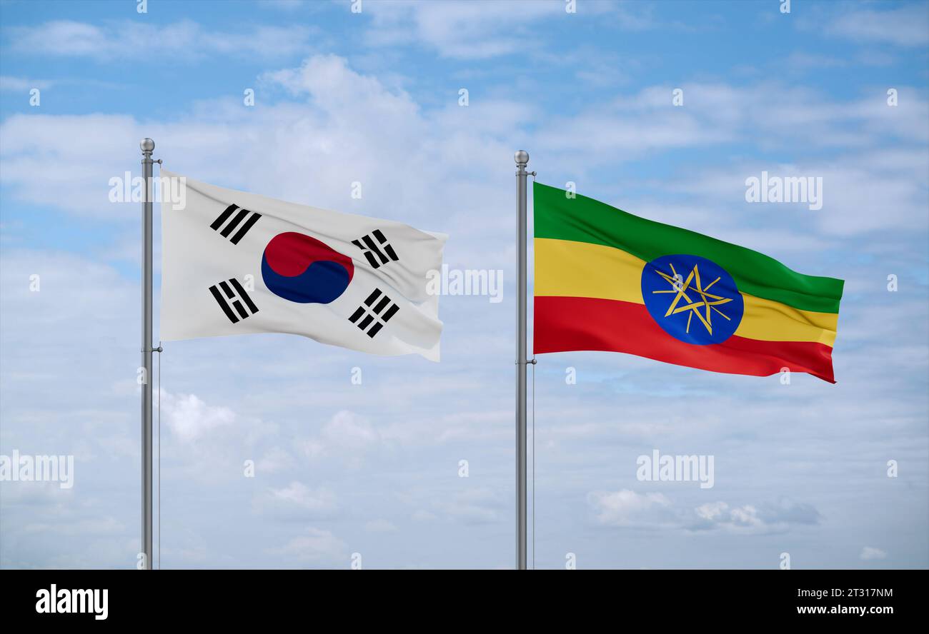 Ethiopia and Brazil flags waving together on blue cloudy sky, two ...