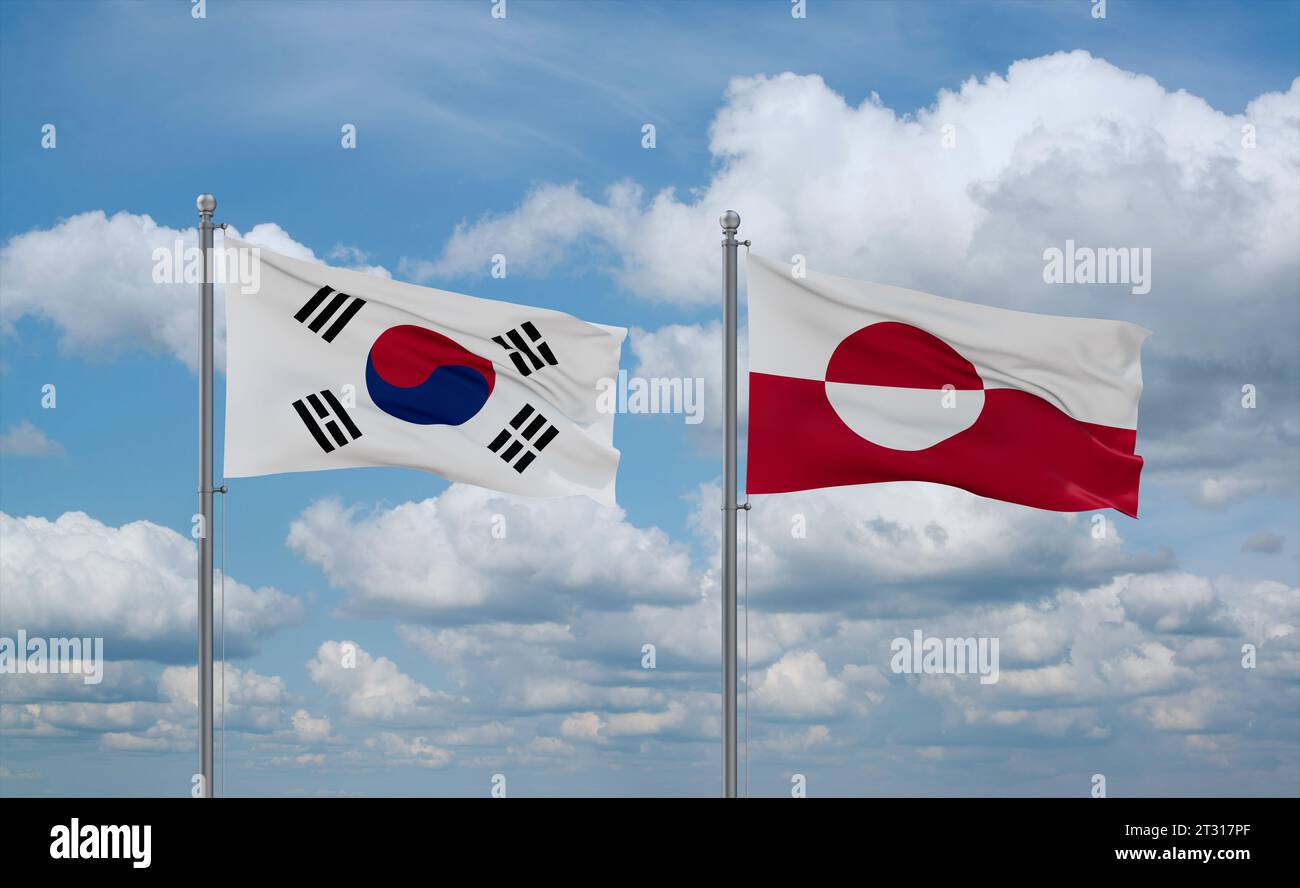 Greenland and Brazil flags waving together on blue cloudy sky, two country relationship concept ...