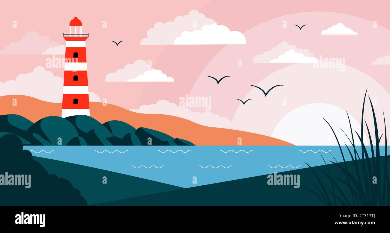 Lighthouse flat landscape. Lighthouse on coastline, clouds and flying ...