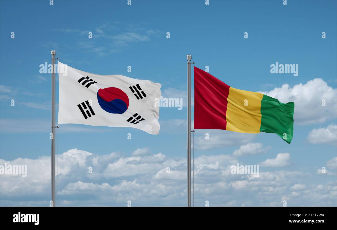 Republic of Guinea and Brazil flags waving together on blue cloudy sky ...