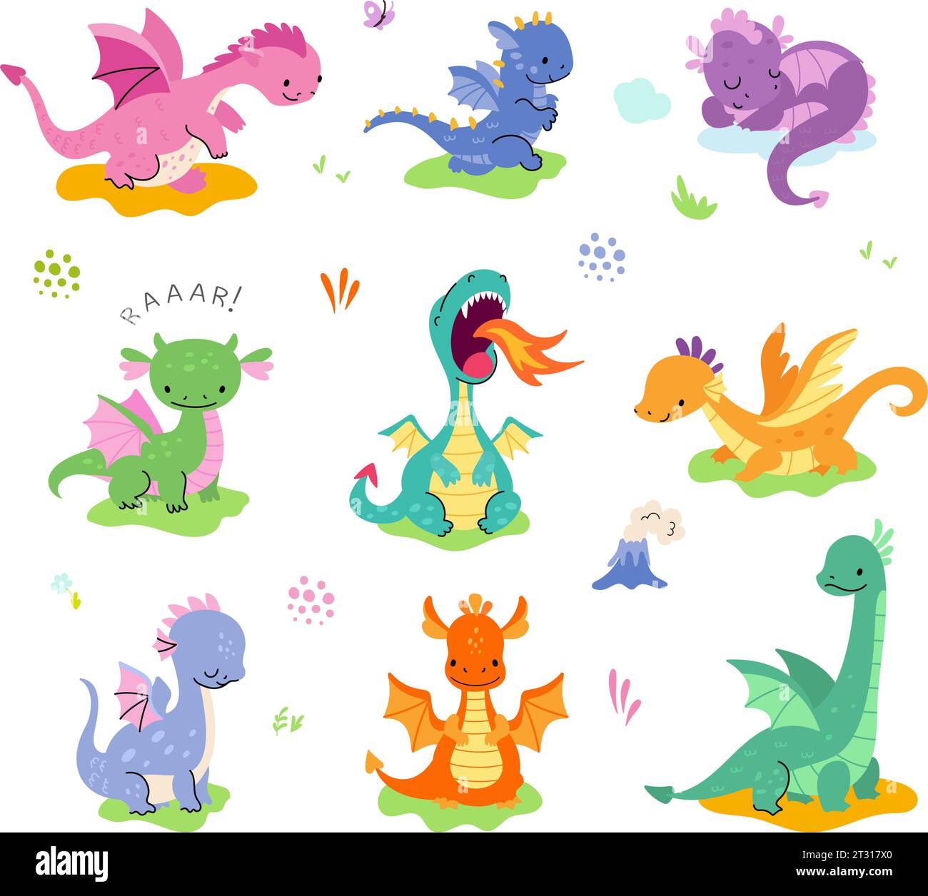 Cartoon cute dragon. Isolated funny dragons characters. Mythical ...