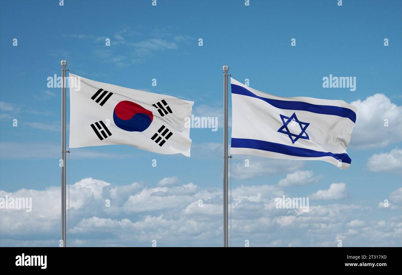 Israel and Brazil flags waving together on blue cloudy sky, two country ...