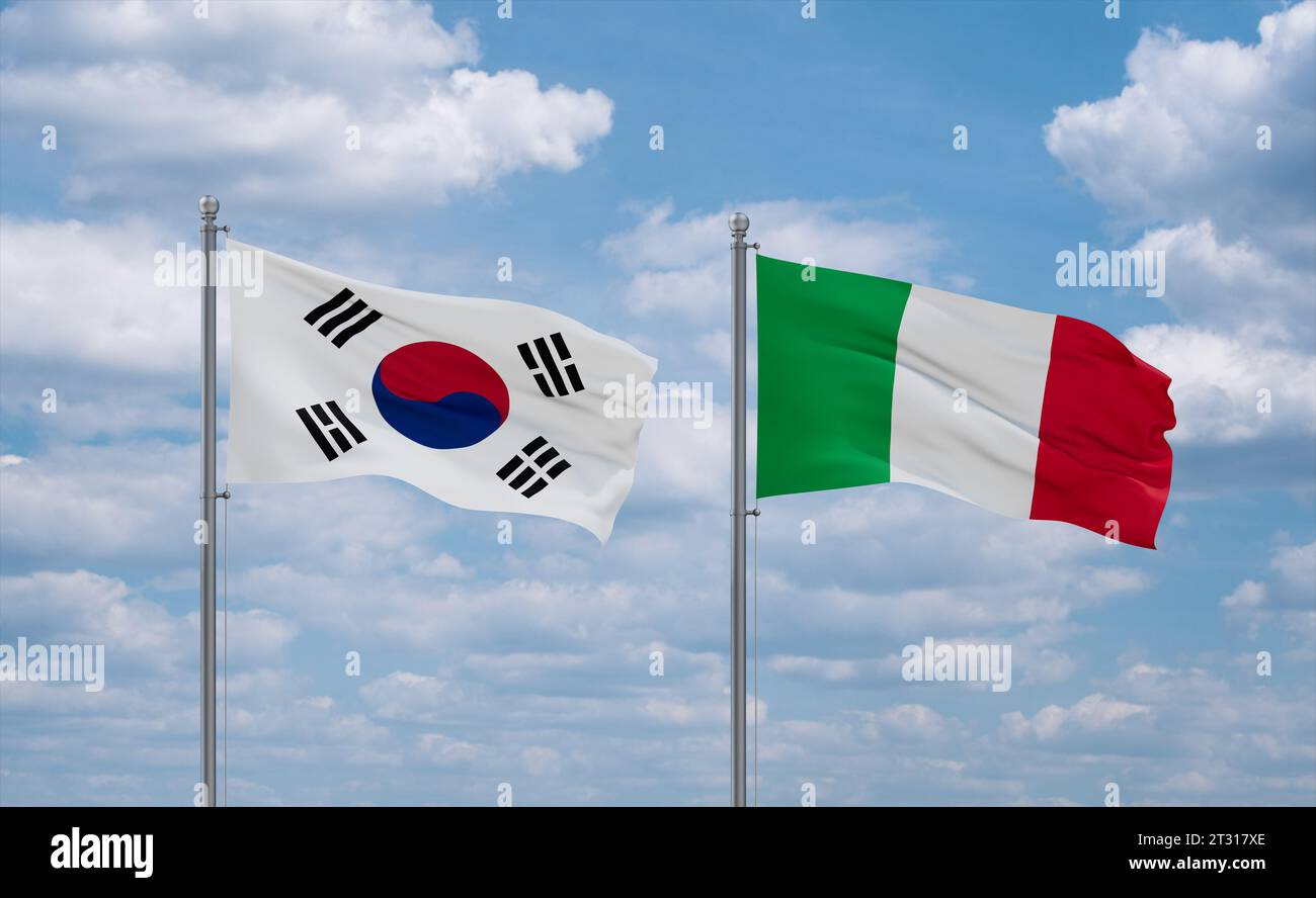 Italy and Brazil flags waving together in the wind on blue cloudy sky ...