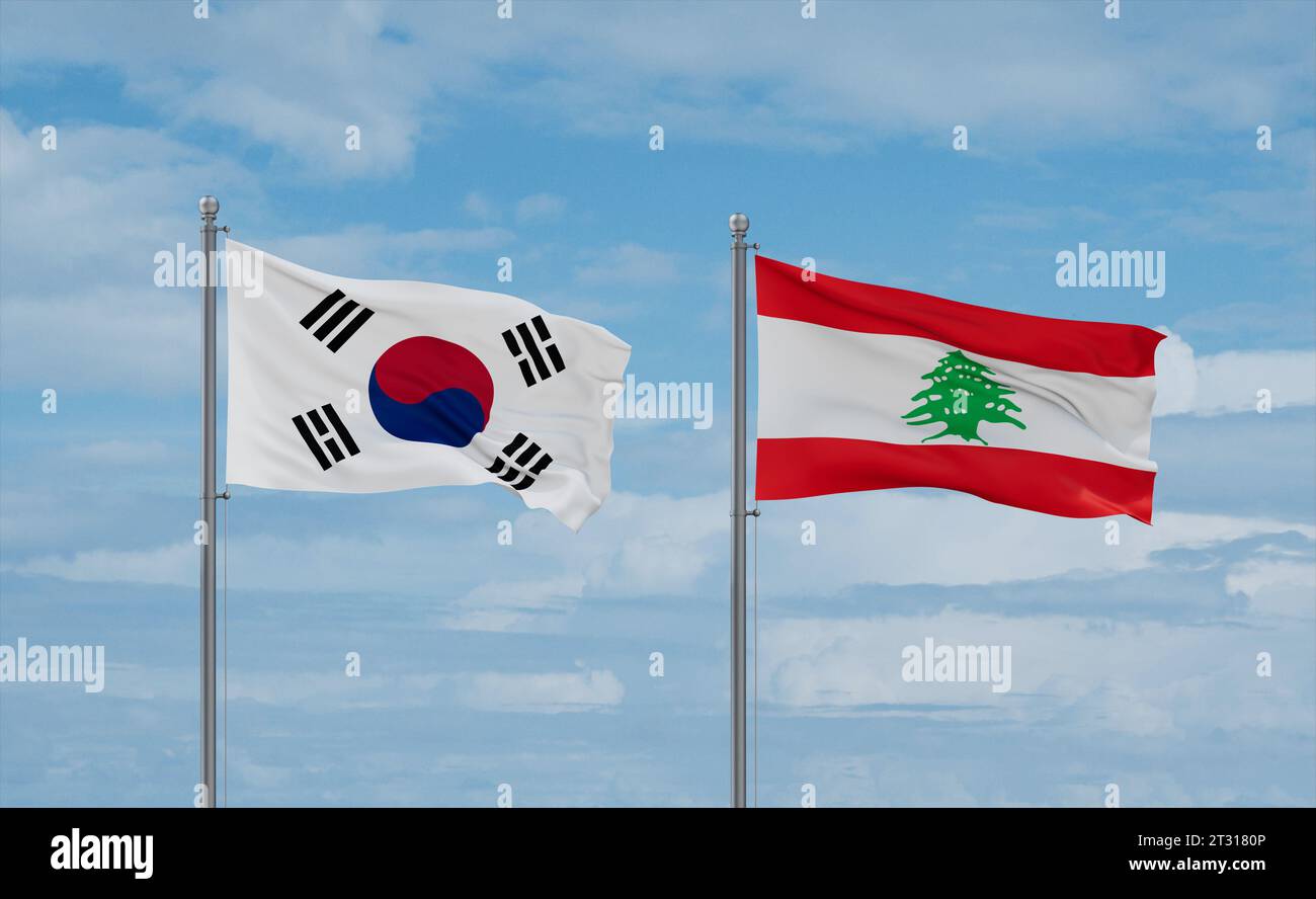 Lebanon and Brazil flags waving together in the wind on blue cloudy sky ...