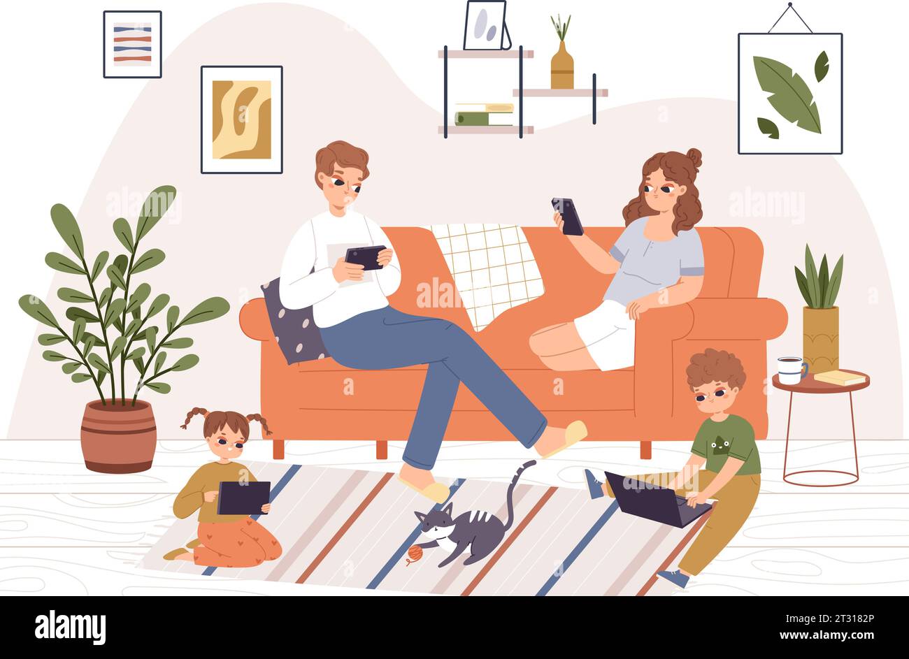 Family using gadgets at home. Evening in living room, adults and kids ...