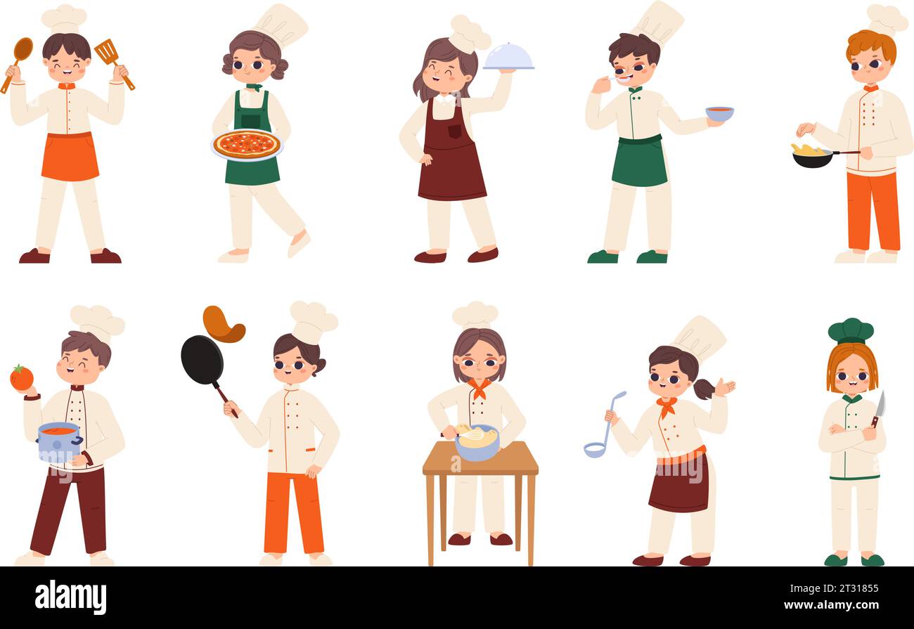 Kids cooking in white chef uniform with kitchen tools. Children chefs ...