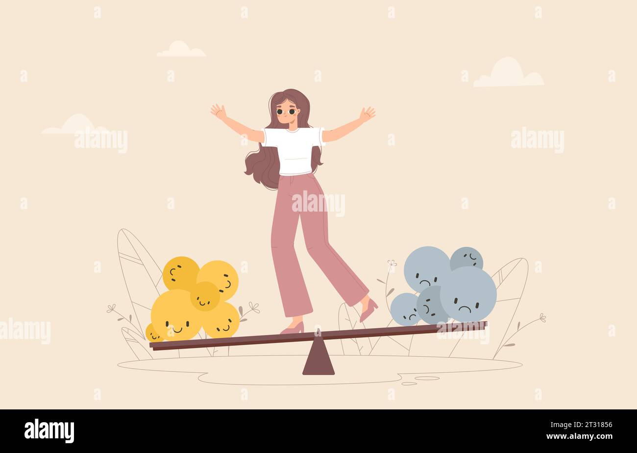 Person mood balance. Young female balanced on board between good and ...