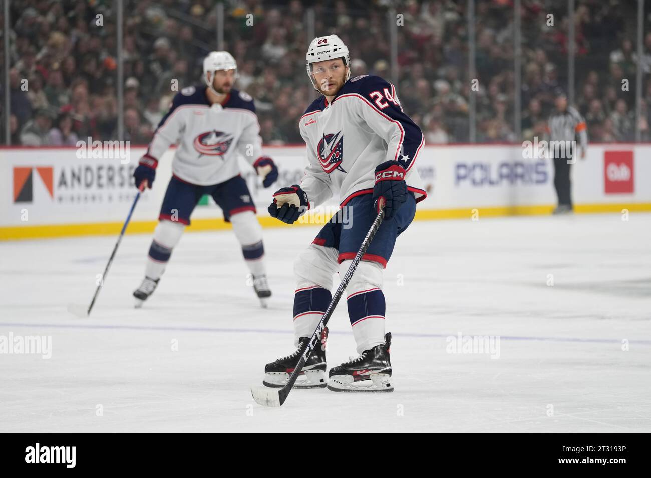 Columbus Blue Jackets right wing Mathieu Olivier (24) stands on the ice ...