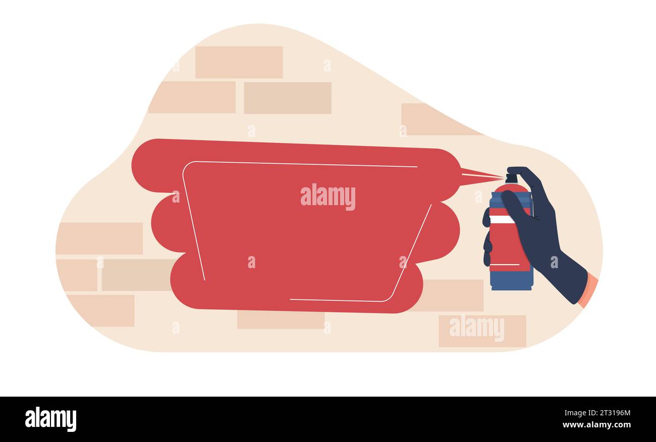 Hand holds can of graffiti paint and sprays it on brick wall. Poster ...