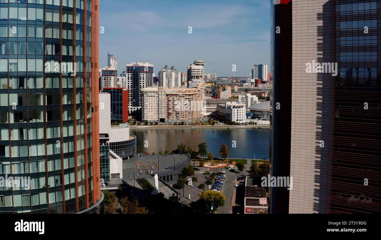 Contemporary urban cityscape view. Stock footage. Cinematic glass ...