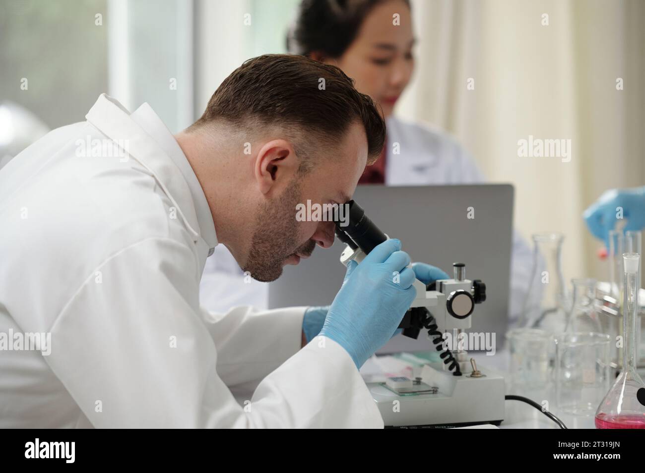 Scientist working in chemical laboratory focusing microscope before ...