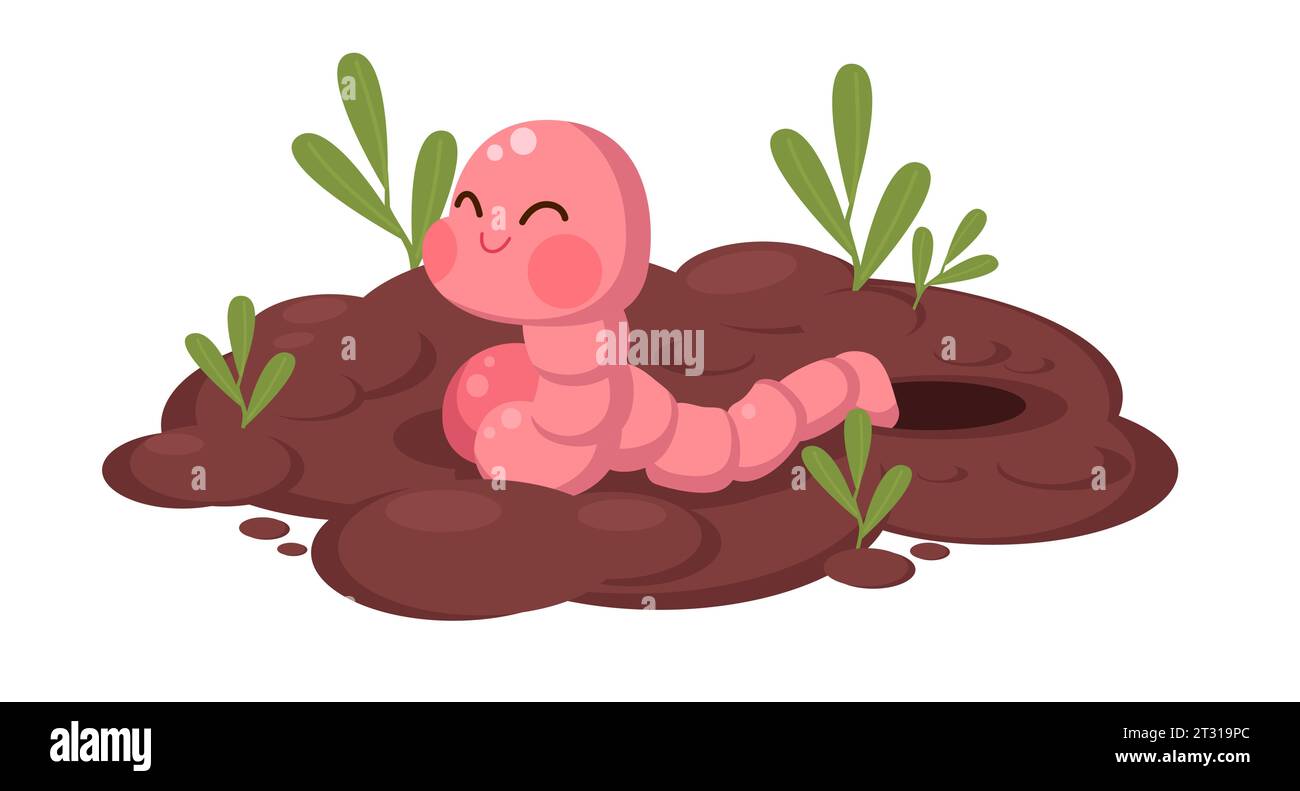 Little worm crawled out of hole in ground. Cute earthworm with growth ...