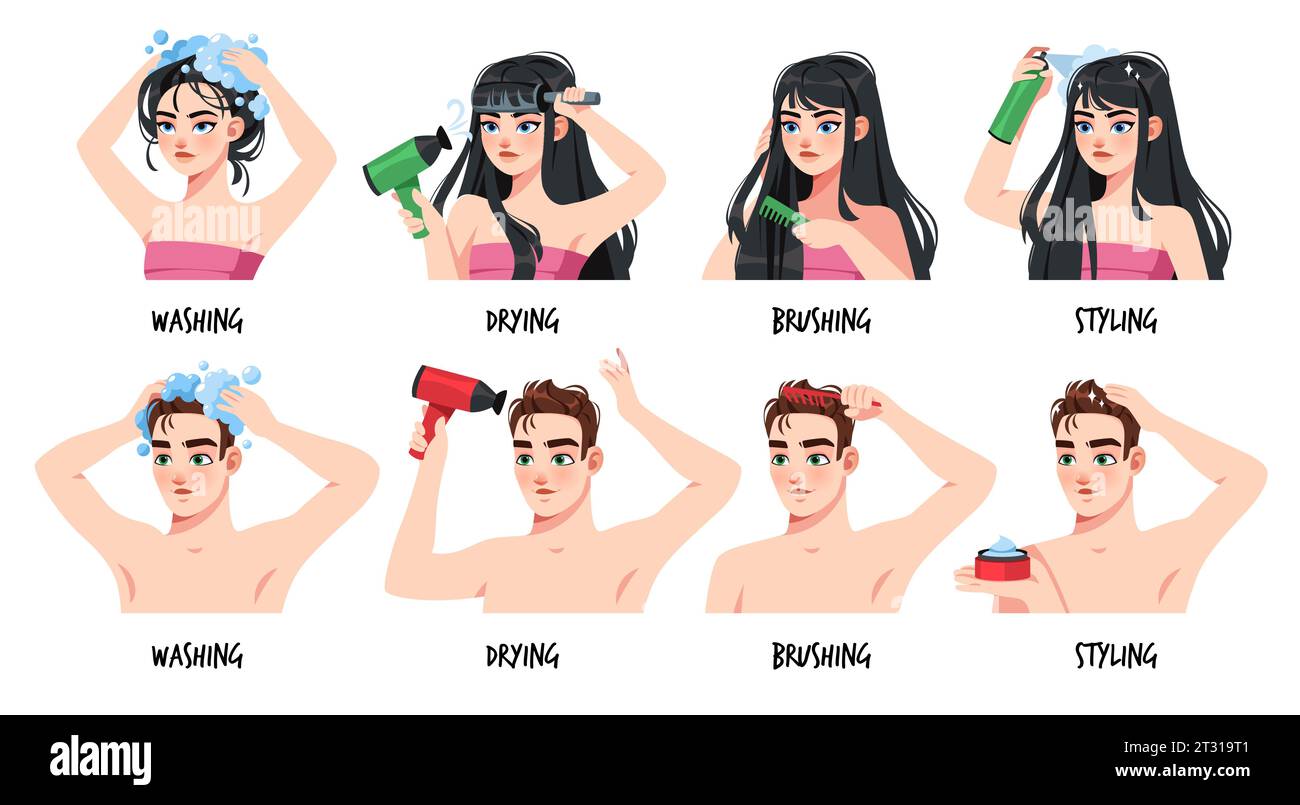 Men and women take care of hair. Application of nourishing mask and ...