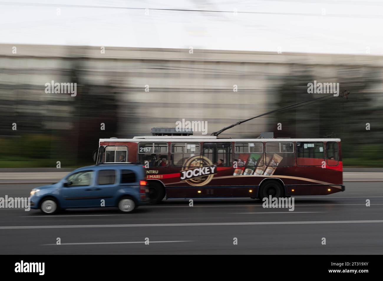Chisinau, Moldova. 22nd Oct, 2023. A trolley bus drives in front of the ...