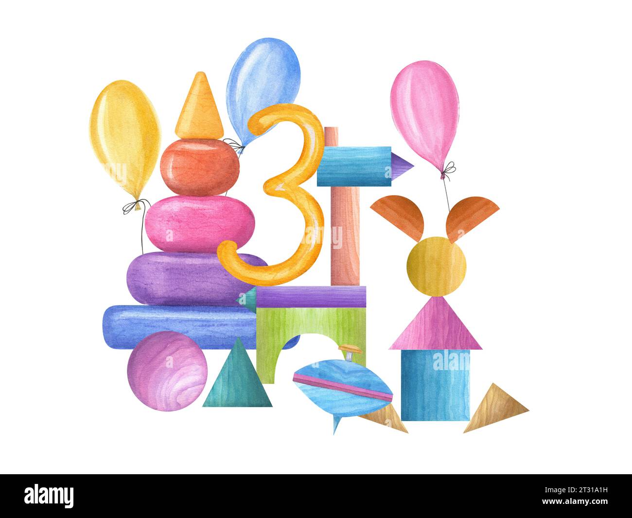 Colored pyramid, spinning top, ball, cubes, horse and hare made of ...