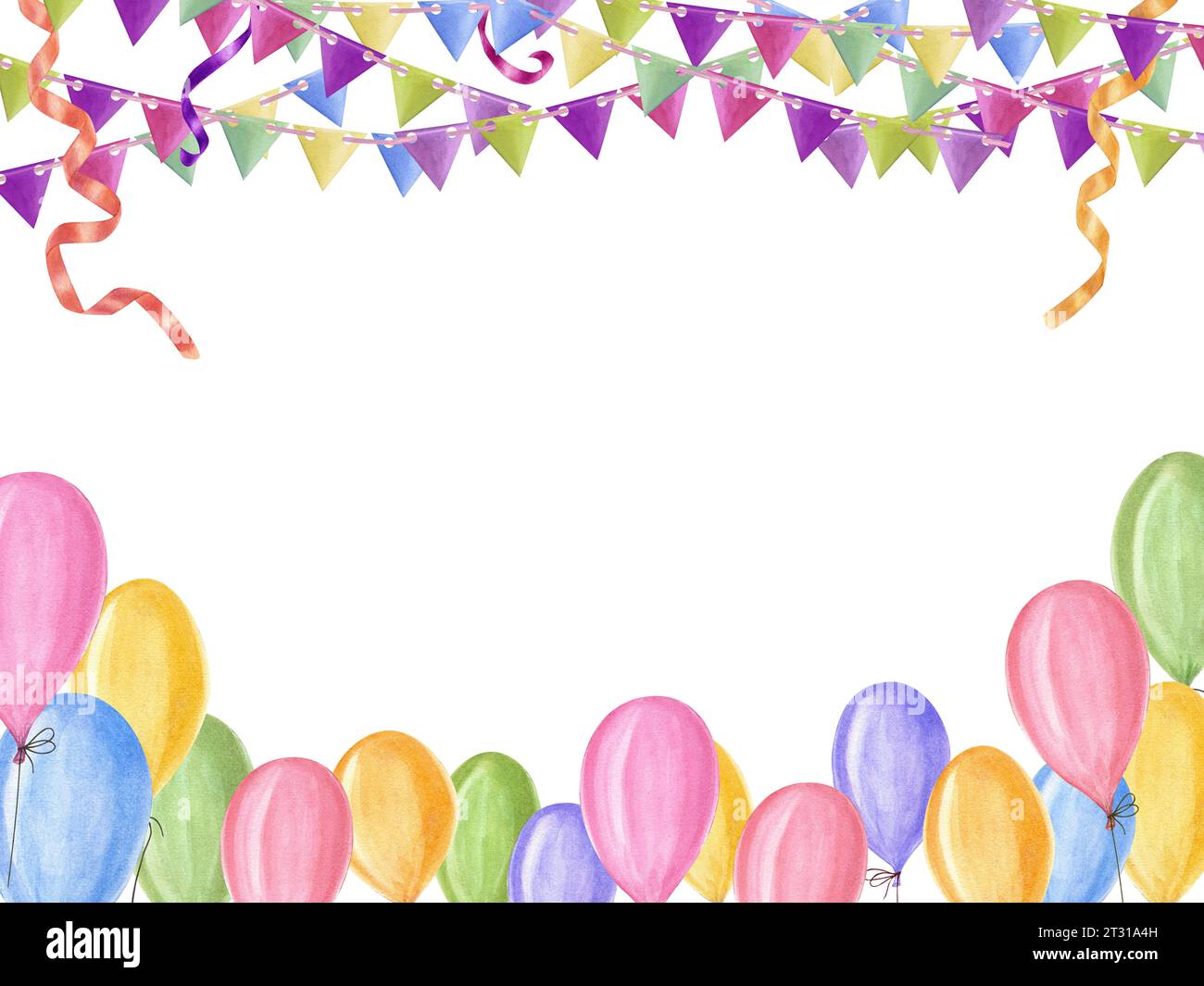 Happy birthday card with multicolor ribbons, flag garlands, balloons ...
