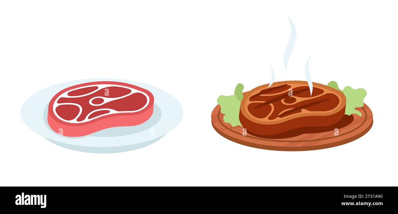 Raw and grilled steak. Beef or pork cut on plate and wooden desk ...