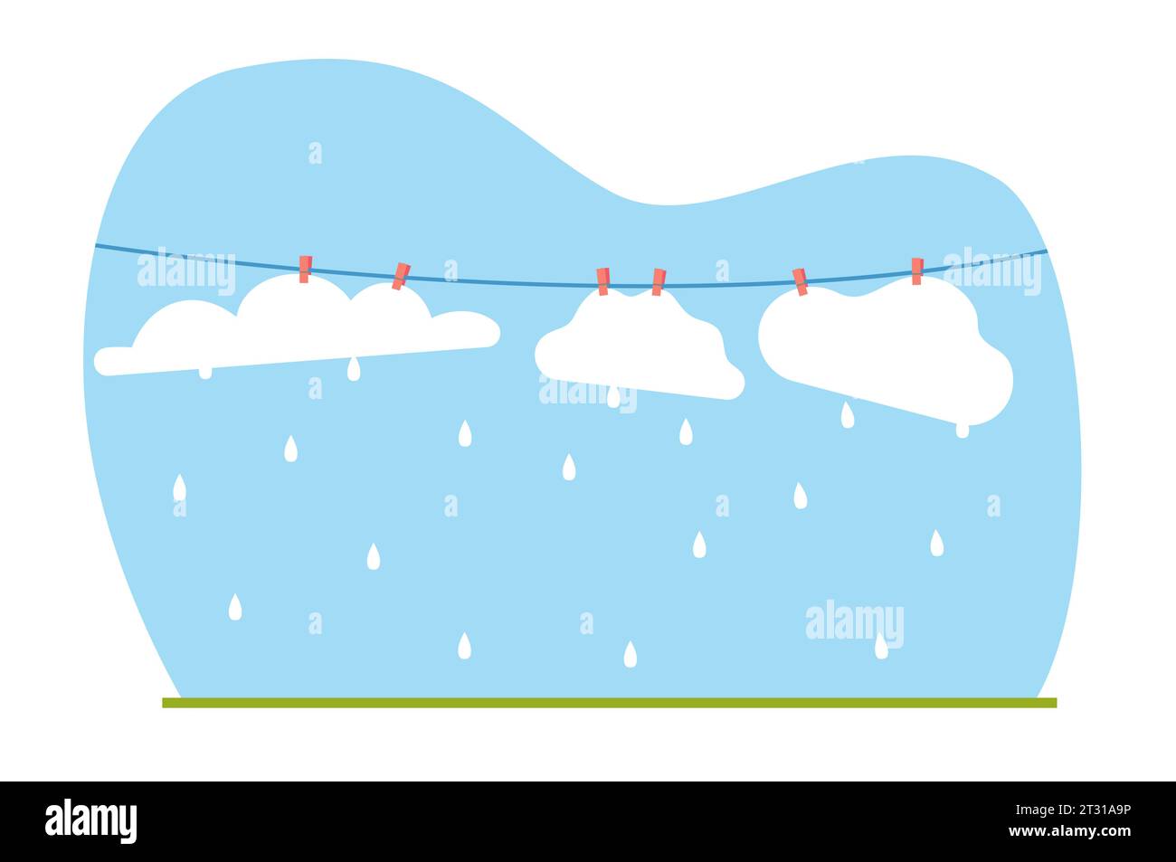Pure white clouds hanging on clothesline. Rainy weather. Rain drops ...