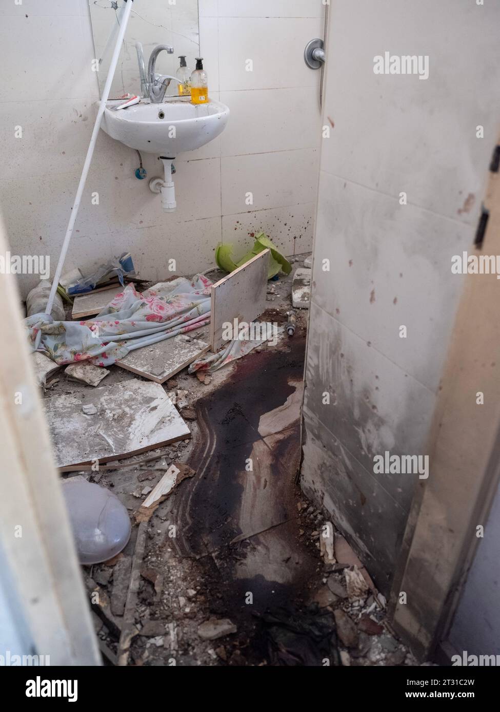 A large pool of blood with a one the floor of a small bathroom in a ...