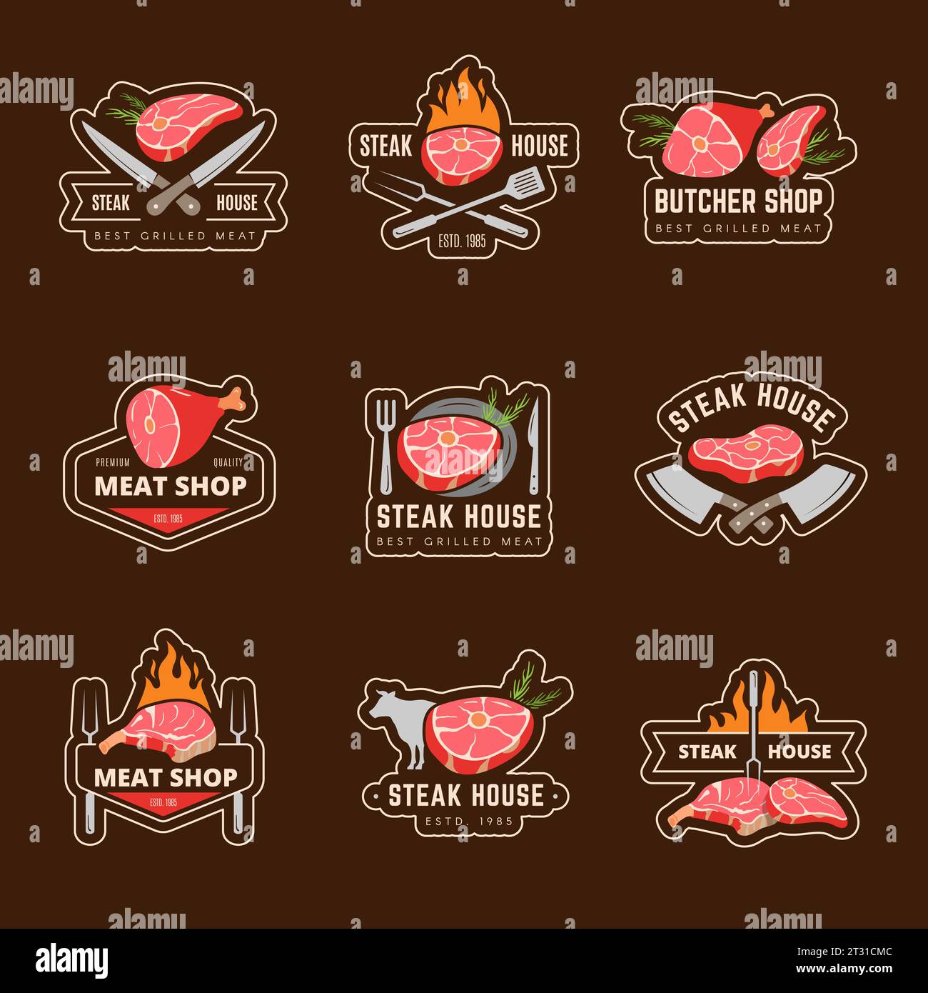 Steak house. Badges or logo set for premium meat market recent vector ...