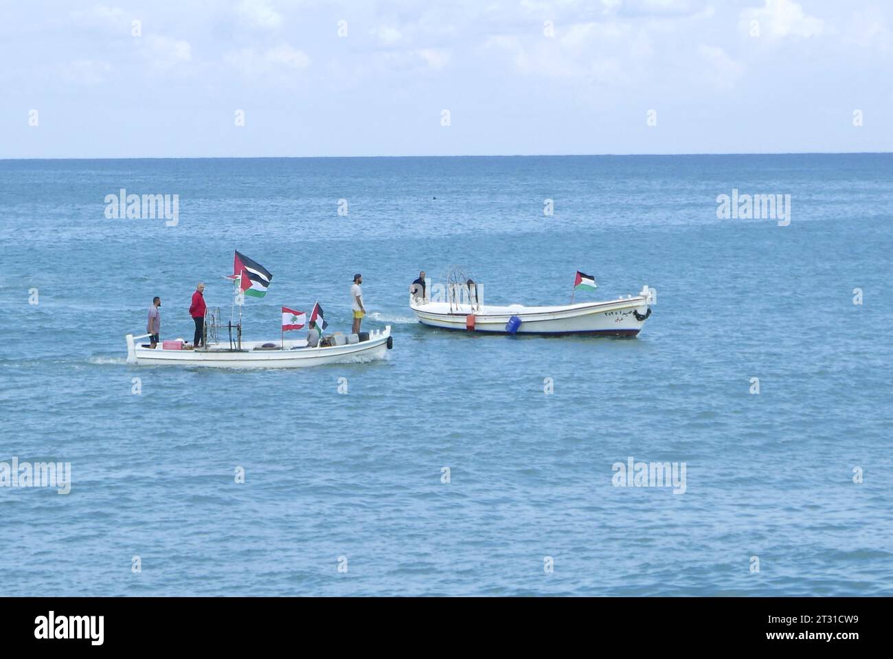 Maroun Al Ras, Lebanon. 20th Oct, 2023. Boats with Palestinian colours ...