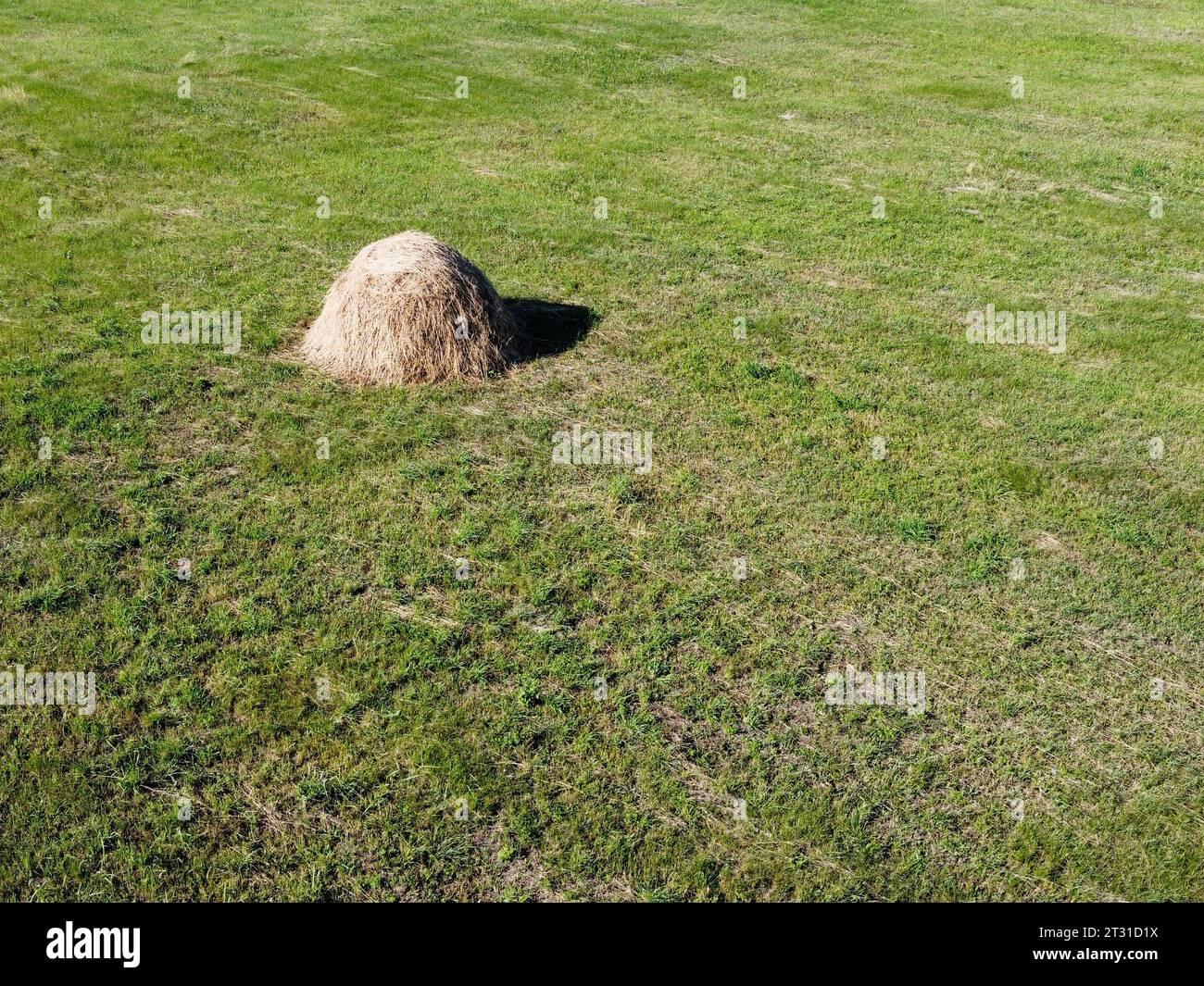 Haystack in a farm field on a warm summer day, top view. Landscape from ...