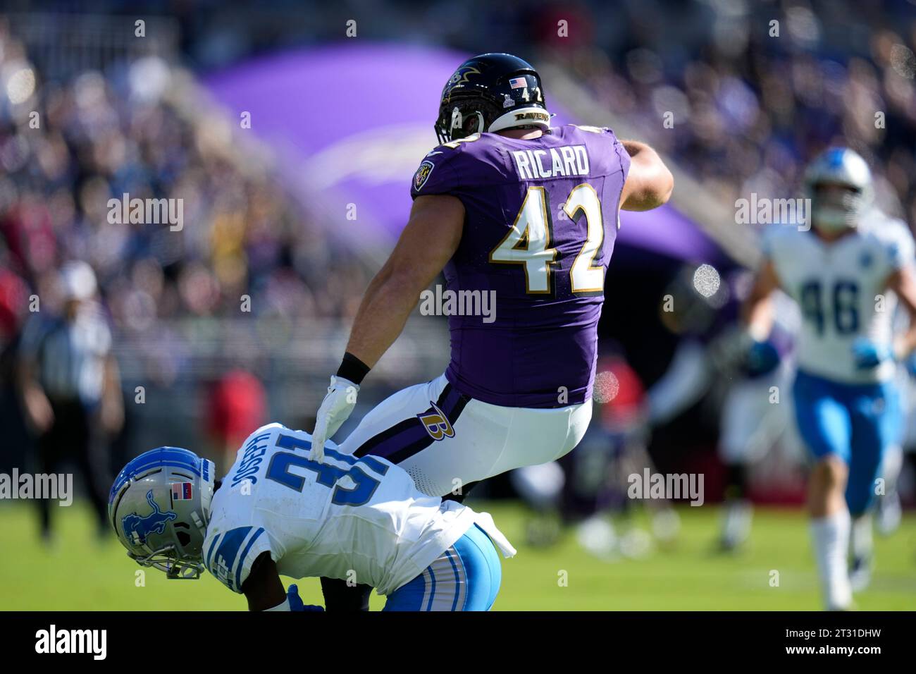 Baltimore Ravens fullback Patrick Ricard (42) is tackled by Detroit ...