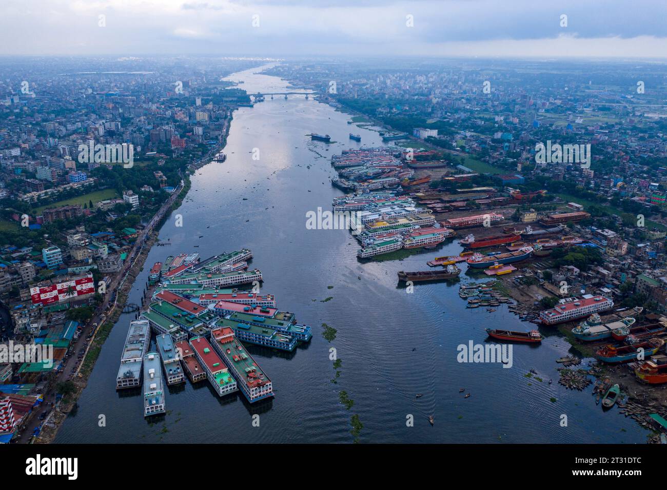 Aerial view of the Buriganga River of sadarghat area during a ...