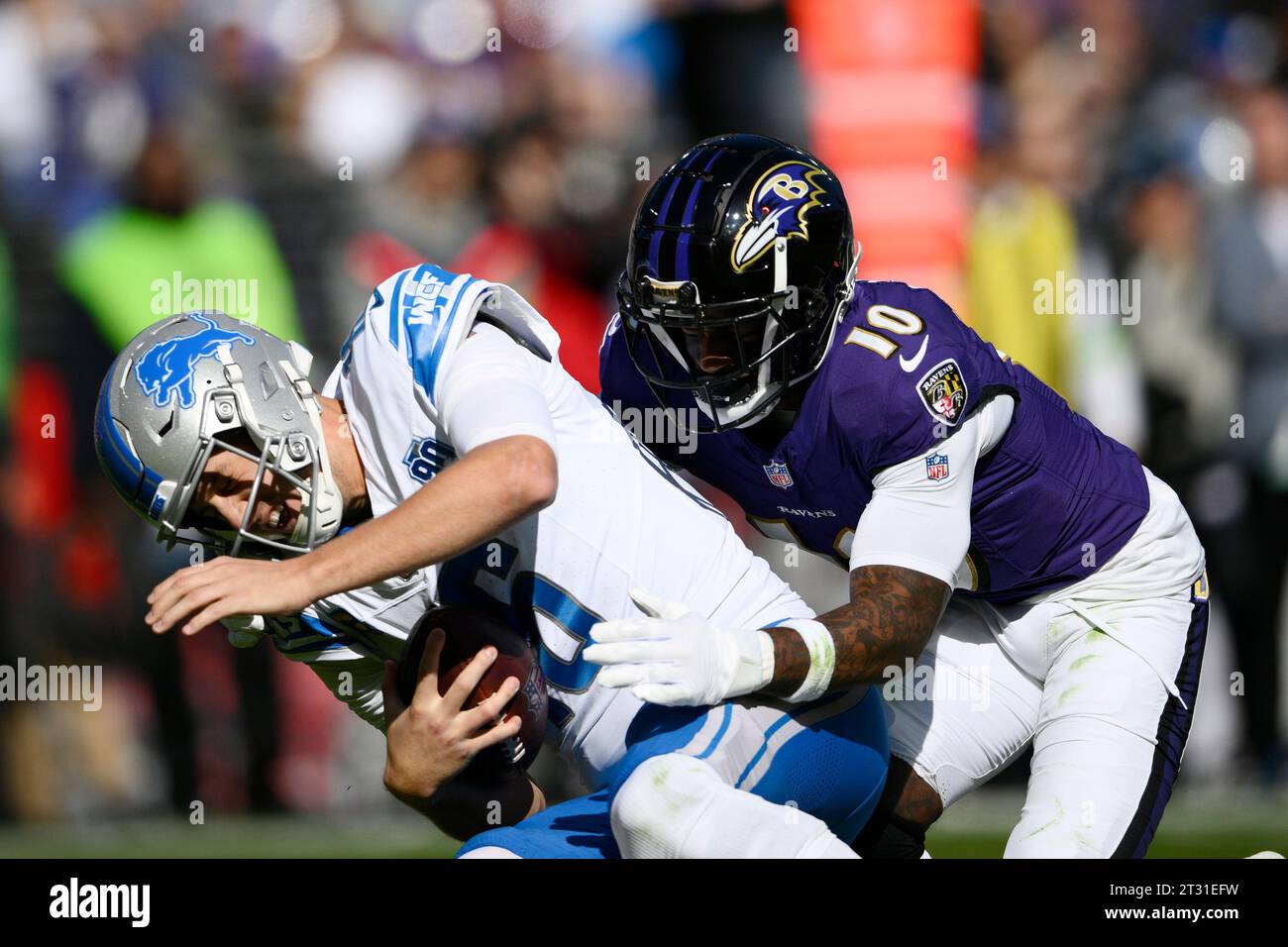 Detroit Lions quarterback Jared Goff (16) is sacked by Baltimore Ravens ...