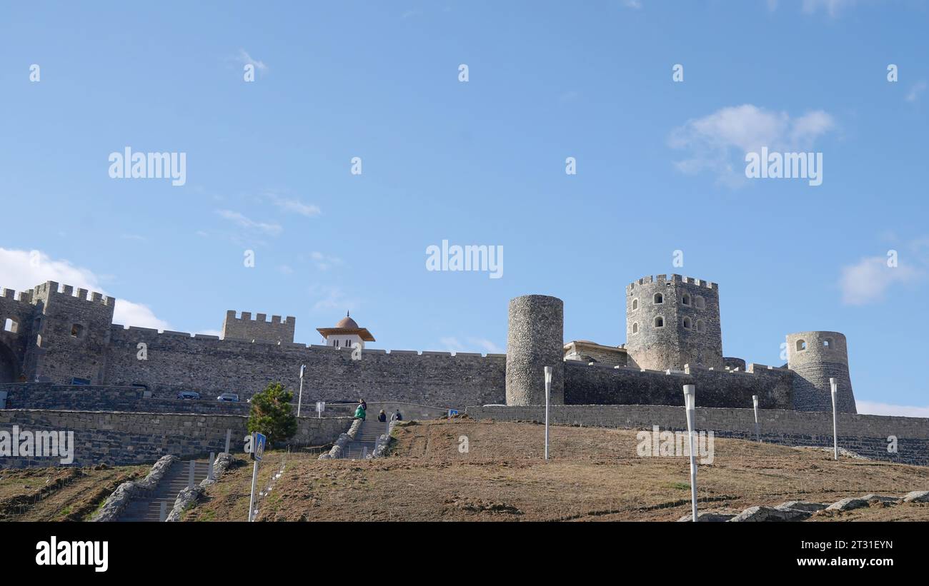 Ancient stone fortress with towers. Action. Fabulous view of stone ...