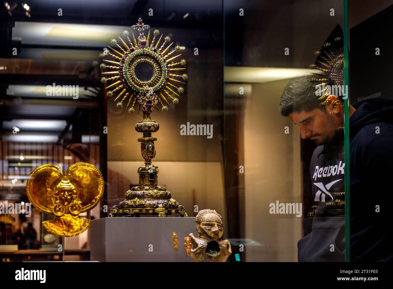 Bogota, Colombia - January 8, 2023: Visitor looks at Muisca ...