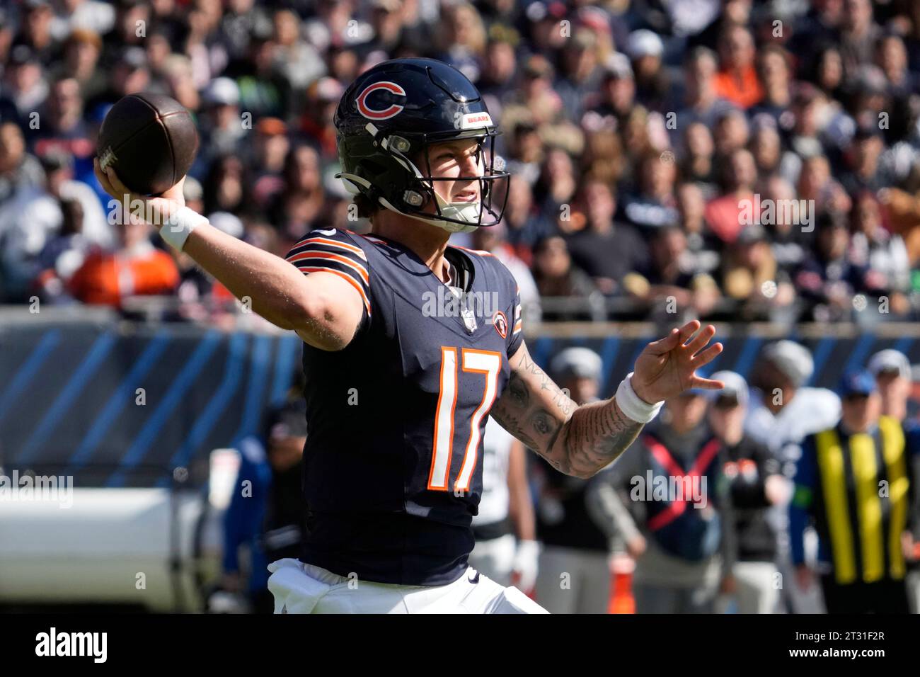 Chicago Bears quarterback Tyson Bagent passes against the Las Vegas ...