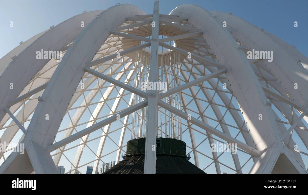 Beautiful domed structure. Stock footage. White air beams in dome structure. Top view of domed ...