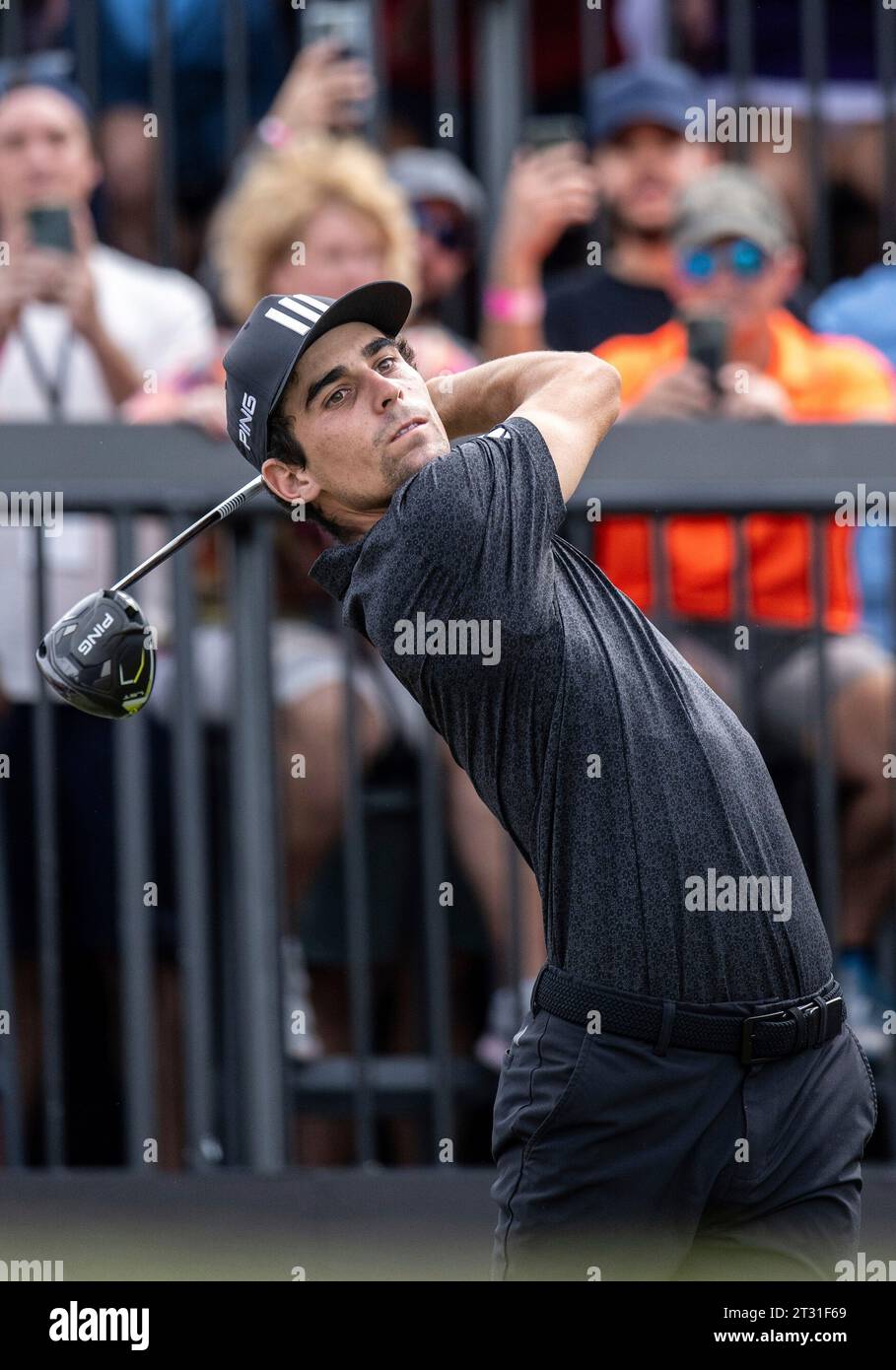 Captain Joaquín Niemann of Torque GC hits his shot from the first tee ...